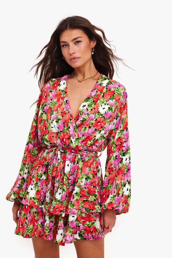 Dark pink mini dress with floral print | Loavies