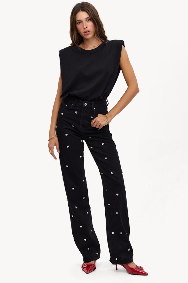 Zwarte wide leg jeans met strass steentjes | Loavies