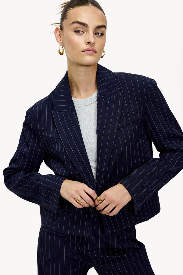 Dark blue striped cropped blazer | Loavies