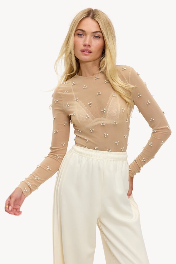 Beige mesh top met parels | Loavies